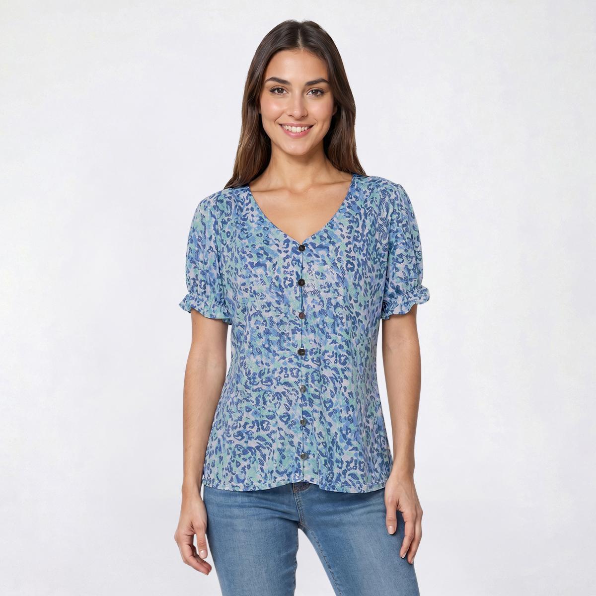 Click here for Petite Emily Daniels Foil Leopard Button Front Blo... prices